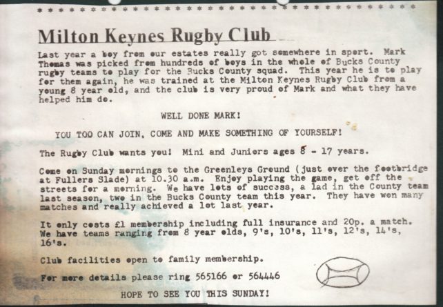 An MK Rugby Club publicity leaflet and press reports - Living Archive