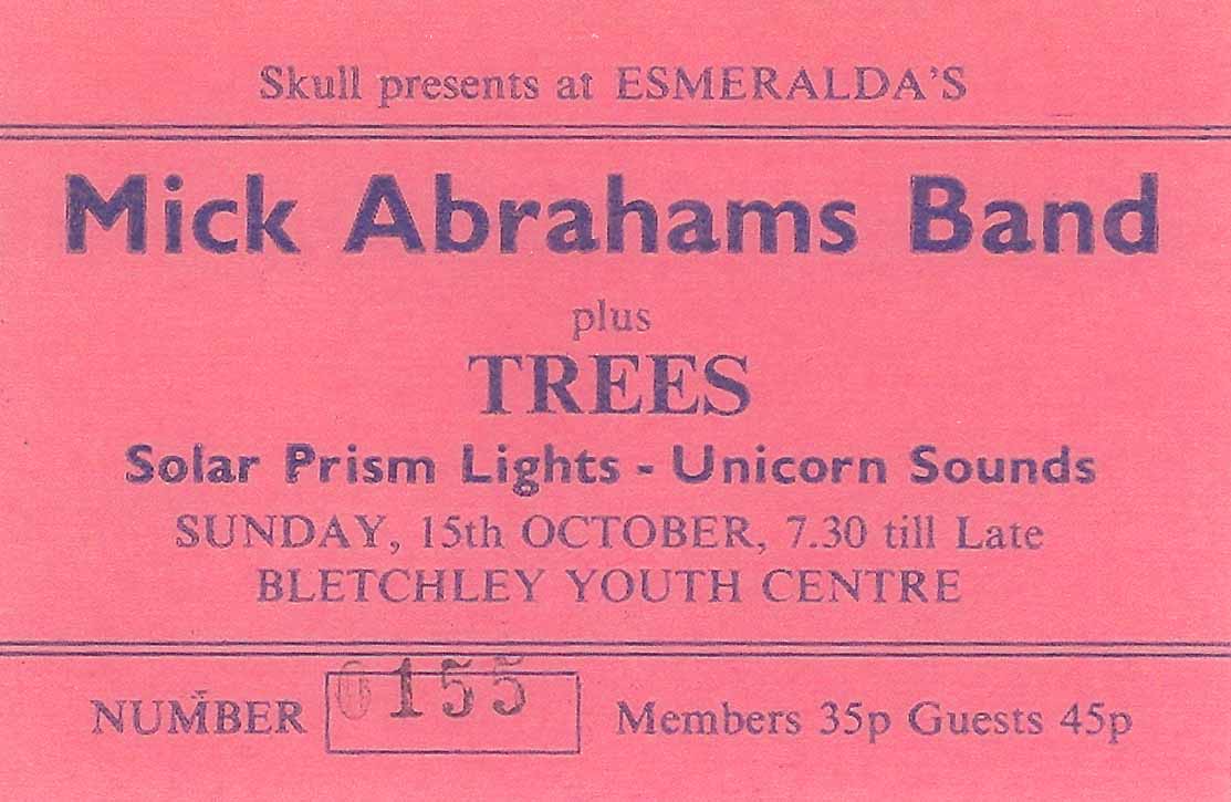 Esmeralda's - Mick Abrahams Band ticket - Living Archive