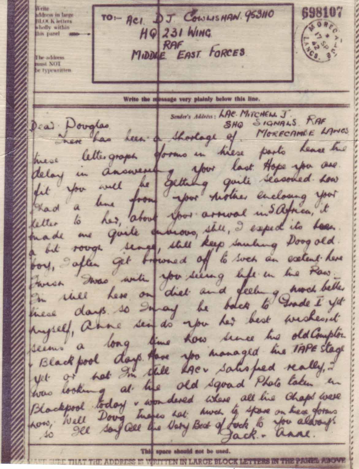 Airgraph written on 17 Sep 1942 from Jack & Anne - Living Archive