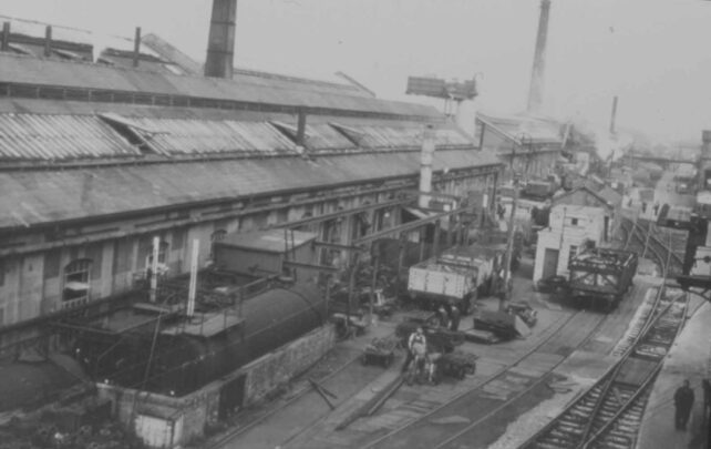Wolverton Works, exterior, carriages, sheds and chimney - Living Archive